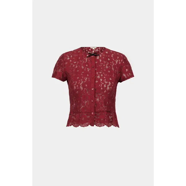 SAEMDI Lace Short Sleeve Top - Burgundy