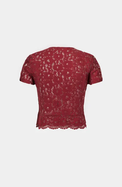SAEMDI Lace Short Sleeve Top - Burgundy