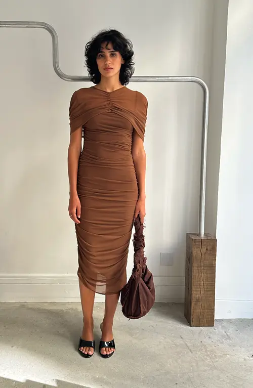 SAEMDI Draped Cape Midi Dress - Brown