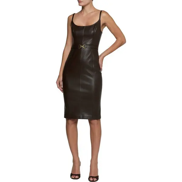 L'Agence Halia Belted Faux Leather Midi Dress - Coffee Bean
