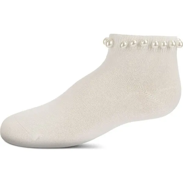 MEMOI Cotton Blend Anklet Socks With Pearl Detail - Winter White