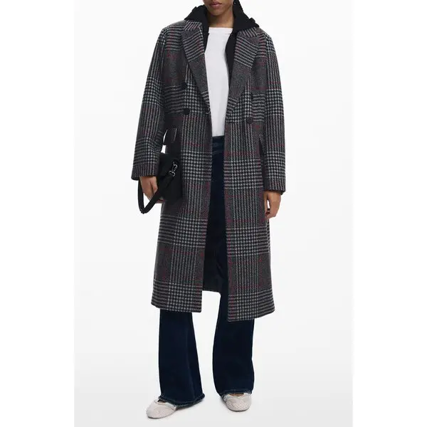 Desigual Tartan Plaid Overcoat With Removable Hoodie Inset