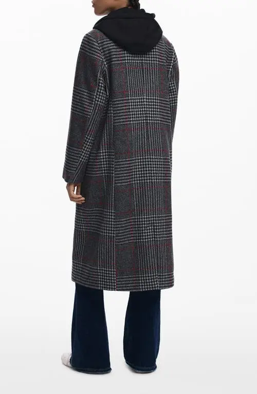 Desigual Tartan Plaid Overcoat With Removable Hoodie Inset