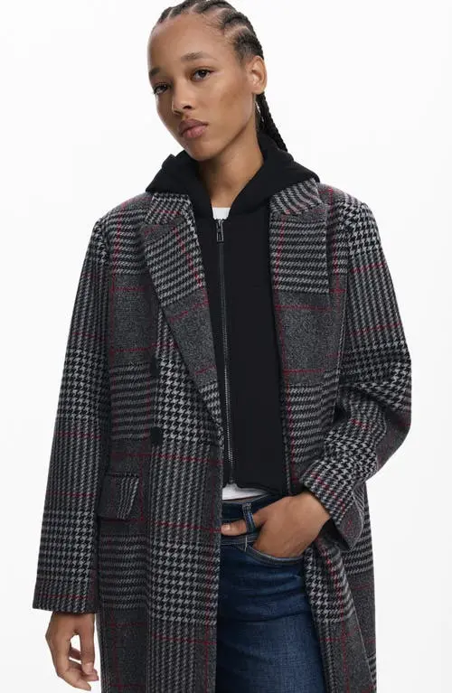 Desigual Tartan Plaid Overcoat With Removable Hoodie Inset