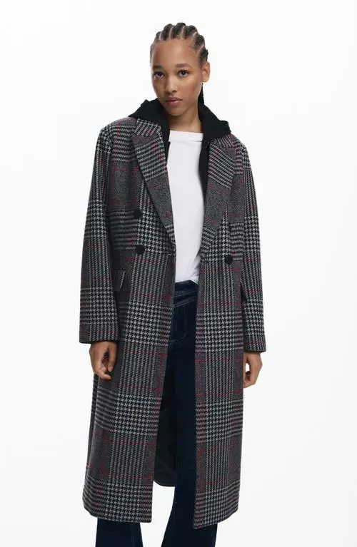 Desigual Tartan Plaid Overcoat With Removable Hoodie Inset