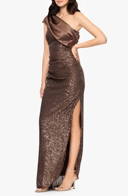 Betsy & Adam Sequin One-shoulder Gown