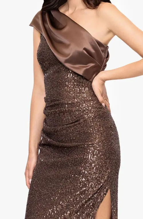 Betsy & Adam Sequin One-shoulder Gown