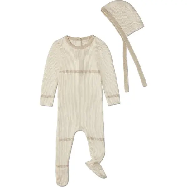 MINIMOI Ribbed Cotton Footie And Cap Set With Lurex Trim - Winter White