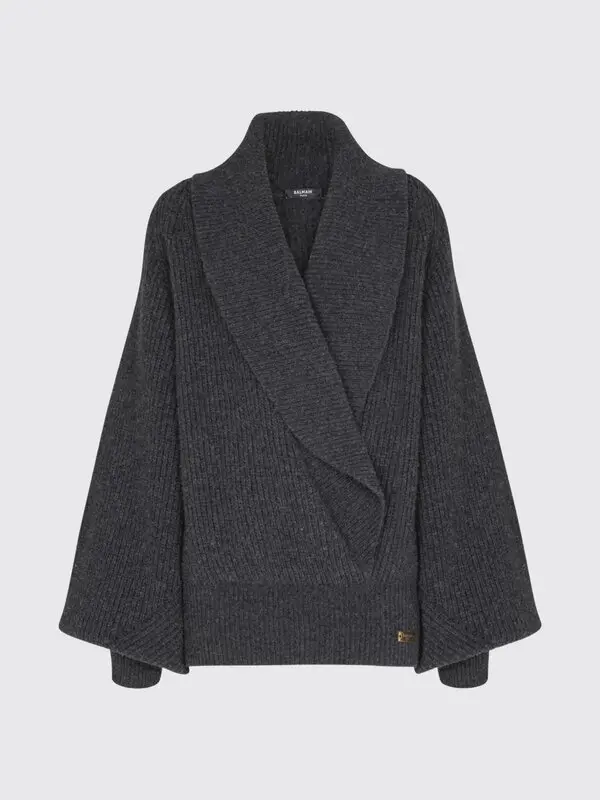Balmain Ribbed Shawl Collar Sweater - Grey