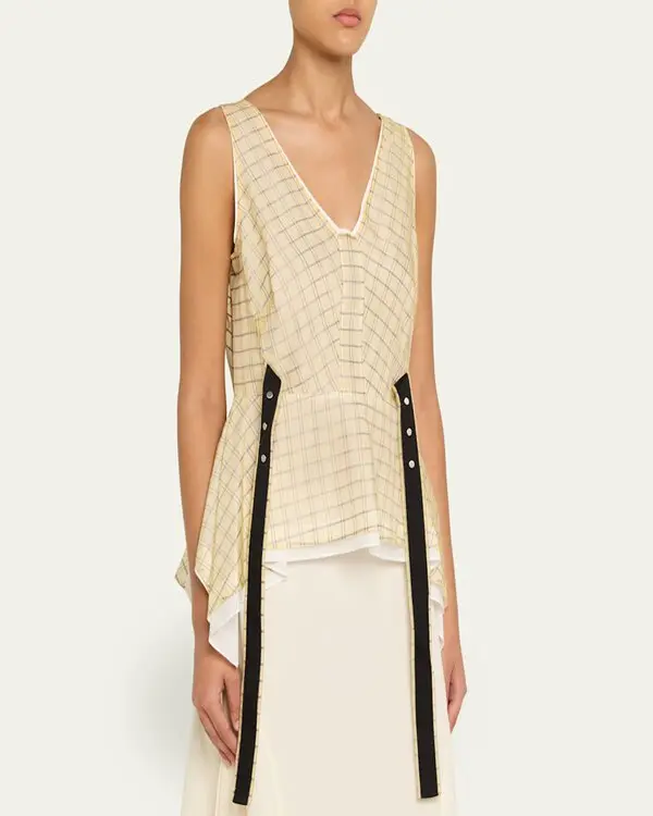 3.1 Phillip Lim Sleeveless Plaid Organza Flounce Top