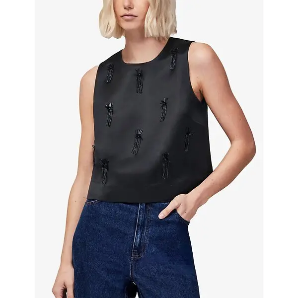 RO&ZO Sleeveless Bead-embroidered Woven Shell Top