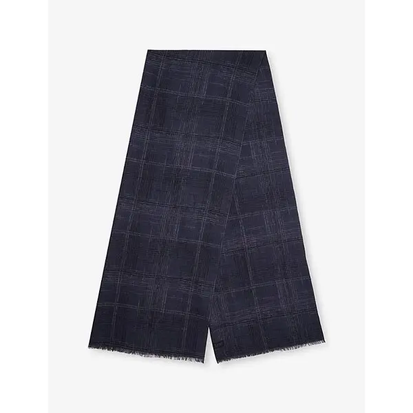 Corneliani Checked Frayed-edge Wool Scarf - Dark Blue