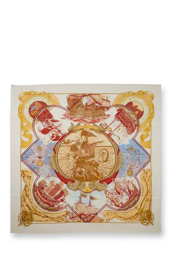 Hermès Multicolor 'au Delà Des Cinq Mers' Silk Scarf 90 - White
