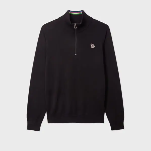 Paul Smith Organic Cotton Quarter Zip Sweater With Zebra Logo - Black