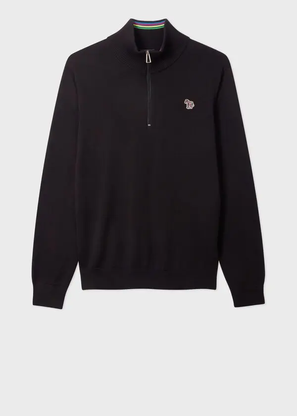 Paul Smith Organic Cotton Quarter Zip Sweater With Zebra Logo - Black