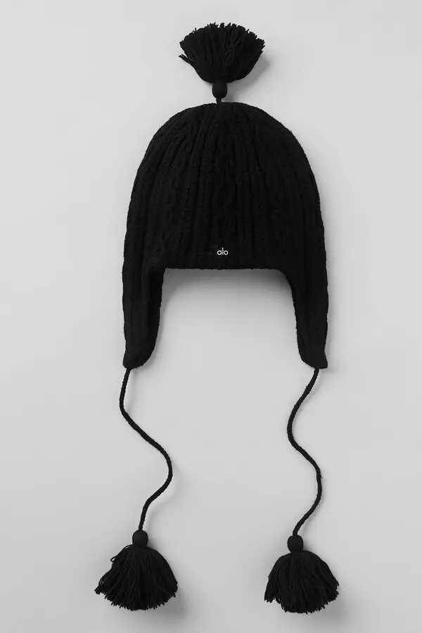 Alo Yoga Cable Knit Earflap Beanie - Black