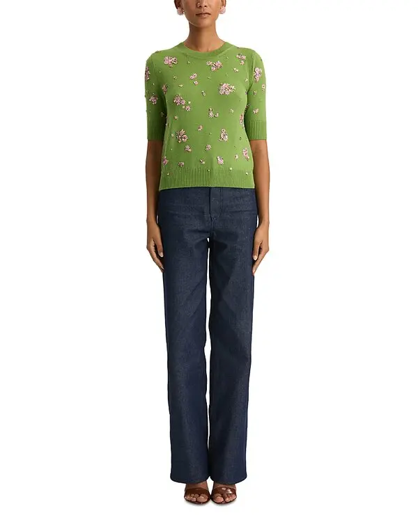 Oscar De La Renta Wool Floral Cluster Elbow Sleeve Sweater