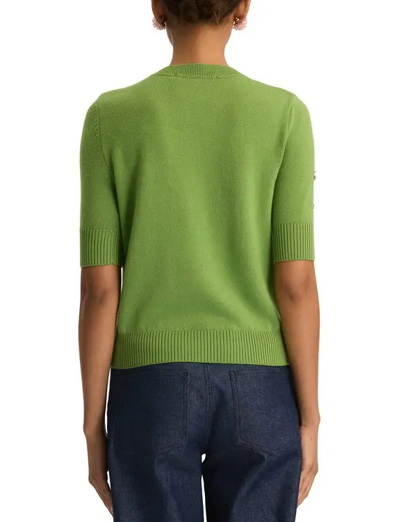 Oscar De La Renta Wool Floral Cluster Elbow Sleeve Sweater