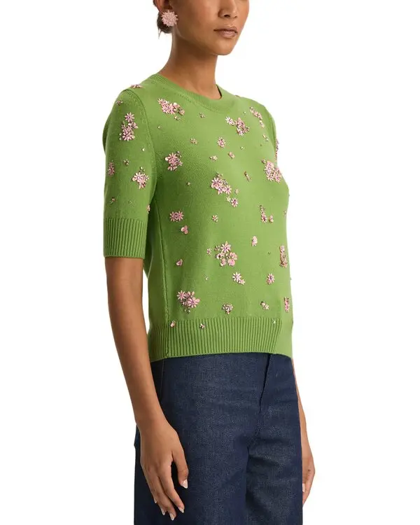 Oscar De La Renta Wool Floral Cluster Elbow Sleeve Sweater