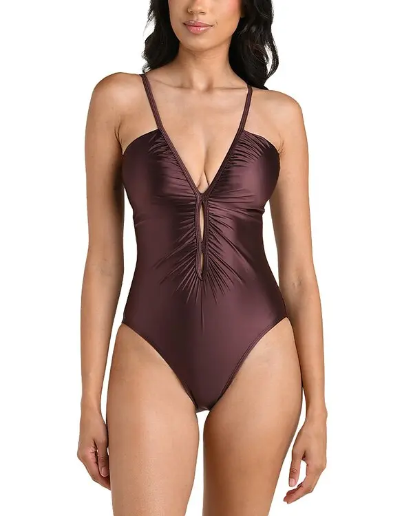 La Blanca Earth Goddess V-neck One-piece Swimsuit - Truffle