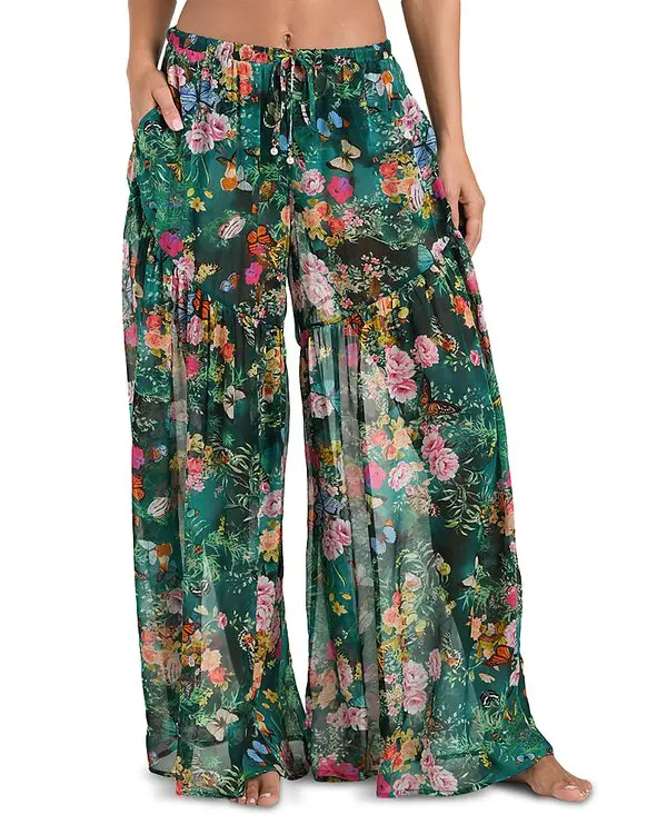 L'Agence Sharon Charonda Butterfly Sheer Wide Leg Pants Swim Cover-up - Multi