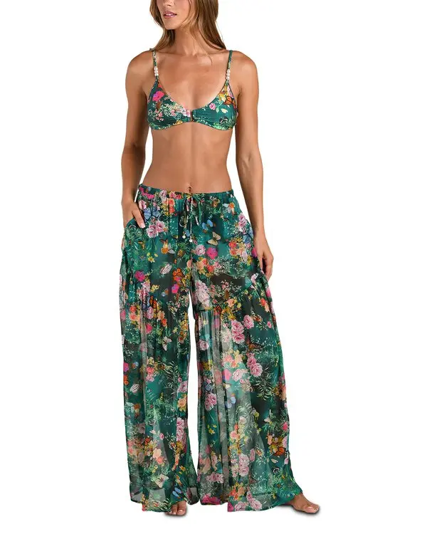 L'Agence Sharon Charonda Butterfly Sheer Wide Leg Pants Swim Cover-up - Multi