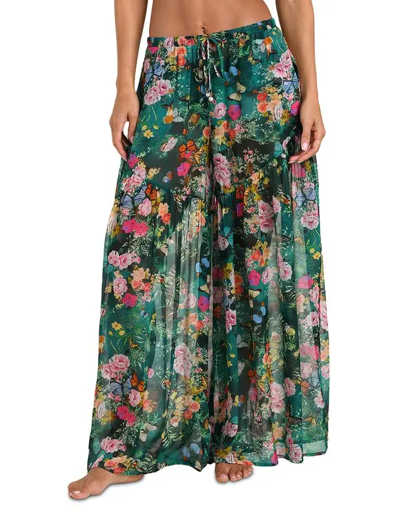L'Agence Sharon Charonda Butterfly Sheer Wide Leg Pants Swim Cover-up - Multi