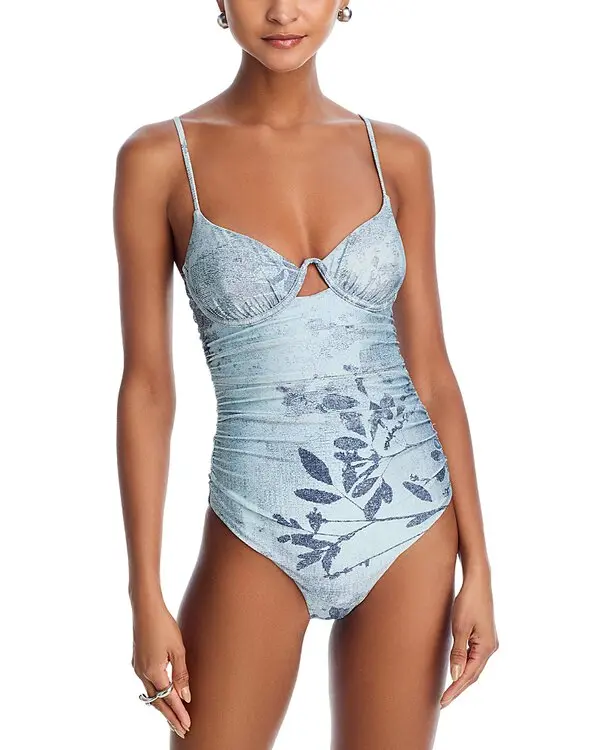 Simkhai Laine Ruched One Piece Swimsuit - Sky Floral