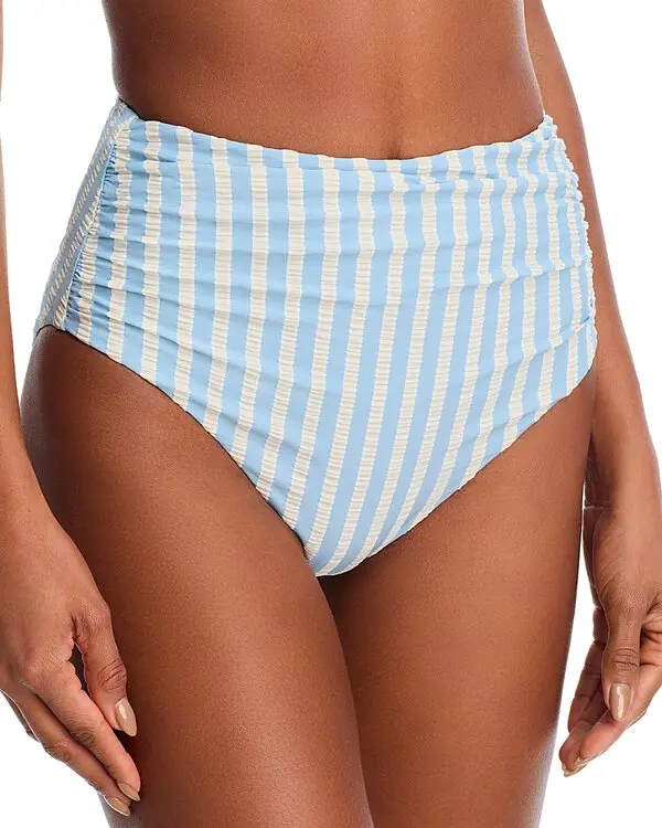 Simkhai High Waisted Ruched Bikini Bottom - Hydrangea Blue Stripe