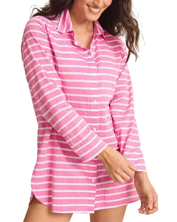 Tommy Bahama Coastline Stripe Boyfriend Shirt Swim Cover-up - Pink Orchird
