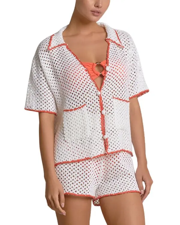 Elan Contrast Button-front Swim Cover Up Shirt