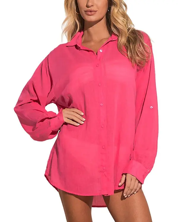 Elan Graphic Button-down Swim Cover Up Shirt - Hot Pink