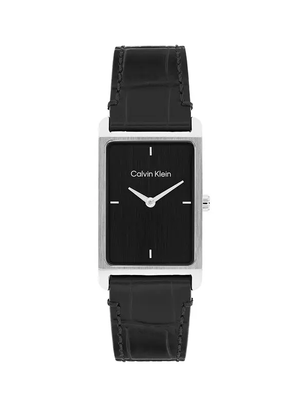 Calvin Klein Rectangle Dial Leather Strap Watch - Black