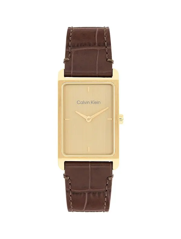 Calvin Klein Rectangle Dial Leather Strap Watch - Gold