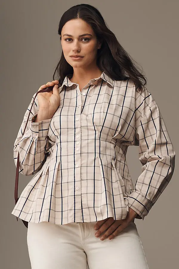 EXQUISE Long-sleeve Waisted Button-down Shirt Top - Ecru Plaid