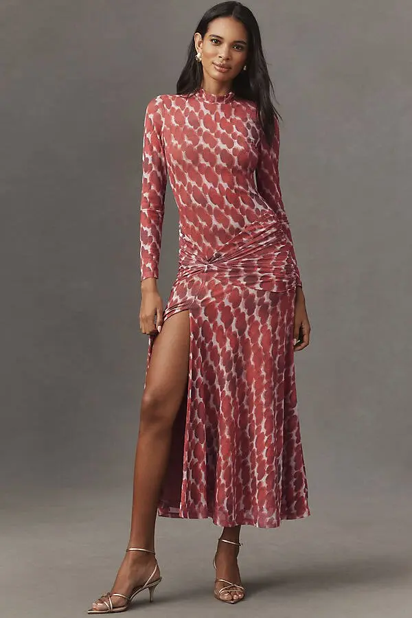 Bardot Lea Printed Mesh Midi Dress - Red