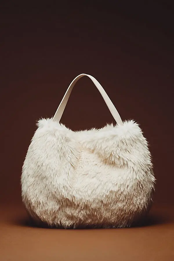 Anthropologie Faux Fur Slouchy Bucket Tote Bag - Cream