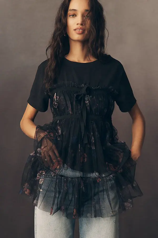 Anthropologie Tiered Bow Tulle T-shirt Top - Black Pattern