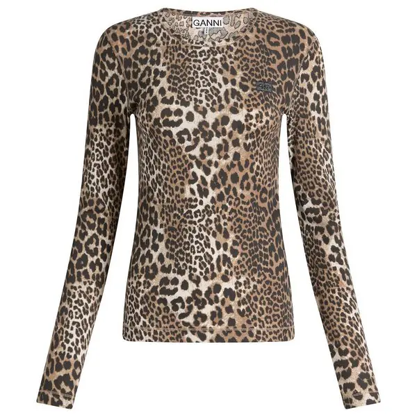 GANNI Soft Cotton Rib Long Sleeve Top - Leopard
