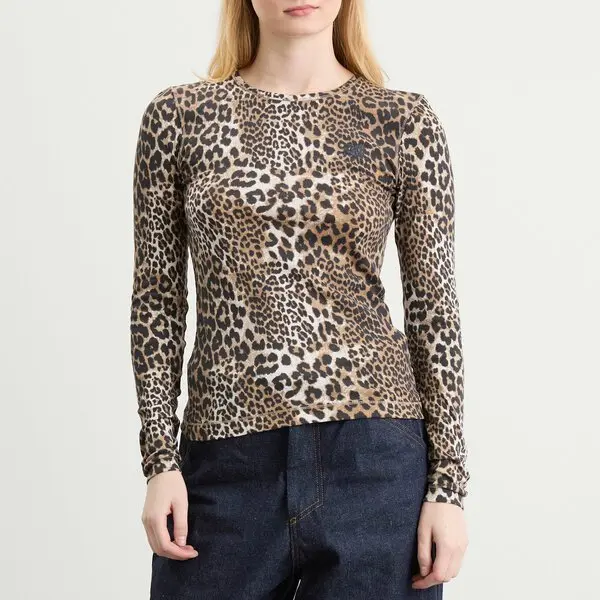 GANNI Soft Cotton Rib Long Sleeve Top - Leopard