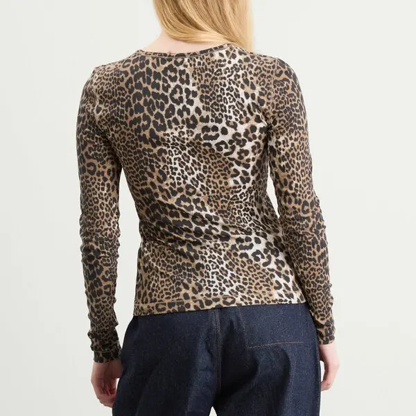 GANNI Soft Cotton Rib Long Sleeve Top - Leopard