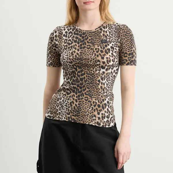 GANNI Soft Cotton Rib Short Sleeve T-shirt - Leopard