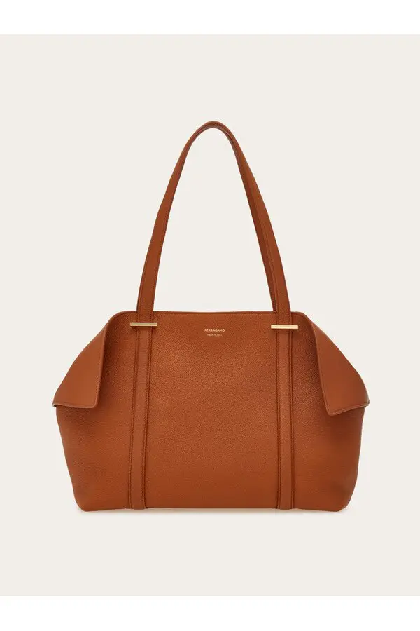 FERRAGAMO Folded Calfskin Leather Tote Bag - Brown