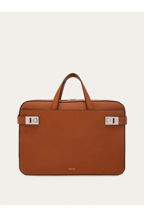 FERRAGAMO Briefcase With Gancini Buckles - Brown