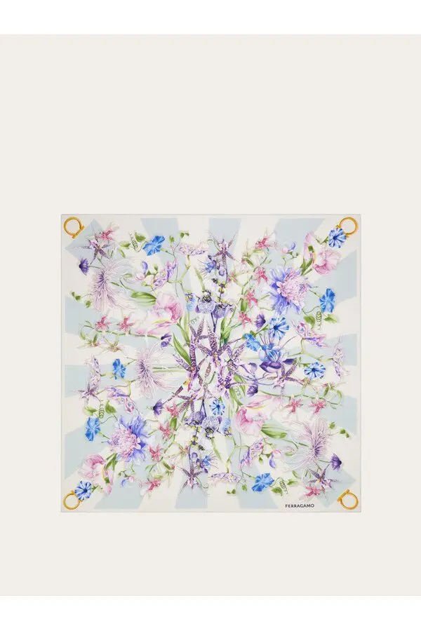 FERRAGAMO Floral Bloom Print Silk Scarf - Denim