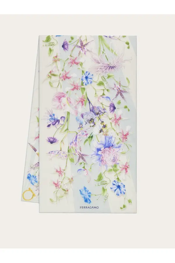 FERRAGAMO Floral Bloom Print Silk Scarf - Denim