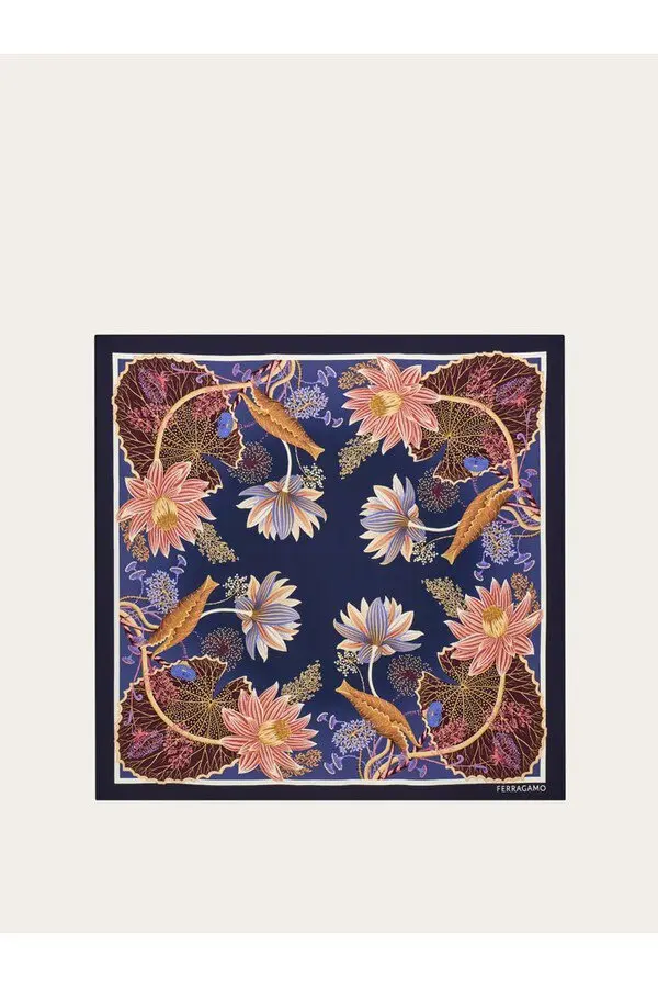 FERRAGAMO Water Lilies Print Silk Scarf - Navy