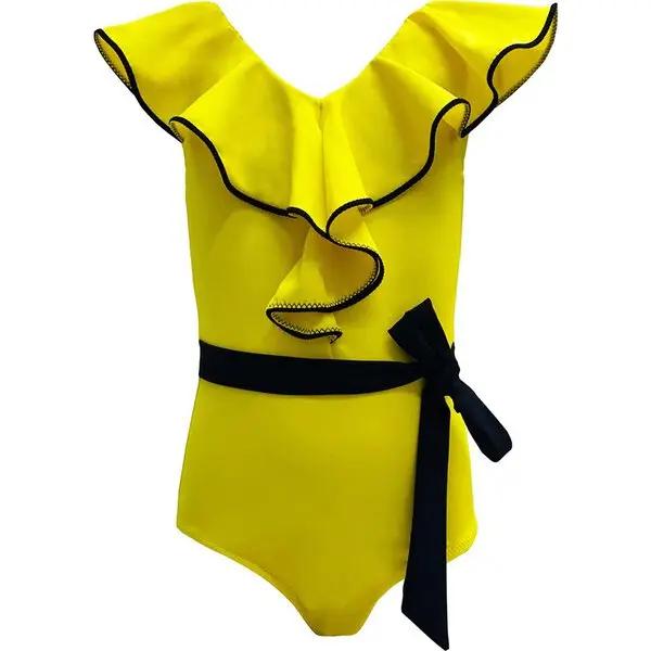 NESSI BYRD Ruffled V-neck Belted One-piece Swimsuit - Yellow