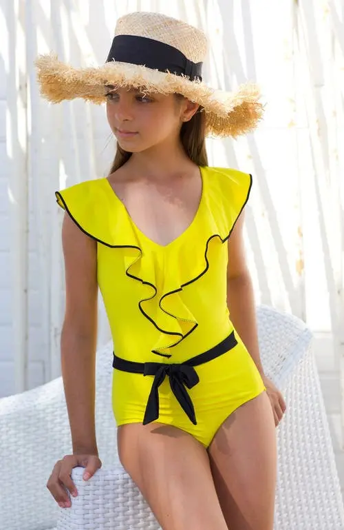 NESSI BYRD Ruffled V-neck Belted One-piece Swimsuit - Yellow