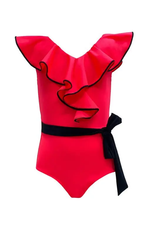 NESSI BYRD Ruffled V-neck Belted One-piece Swimsuit - Red
